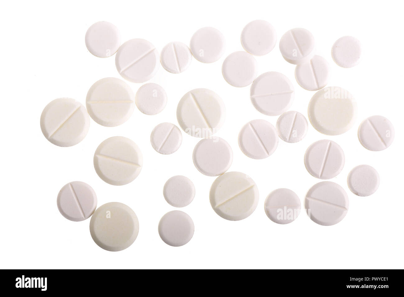 white pill capsule isolated on white background. Top view. Flat lay ...