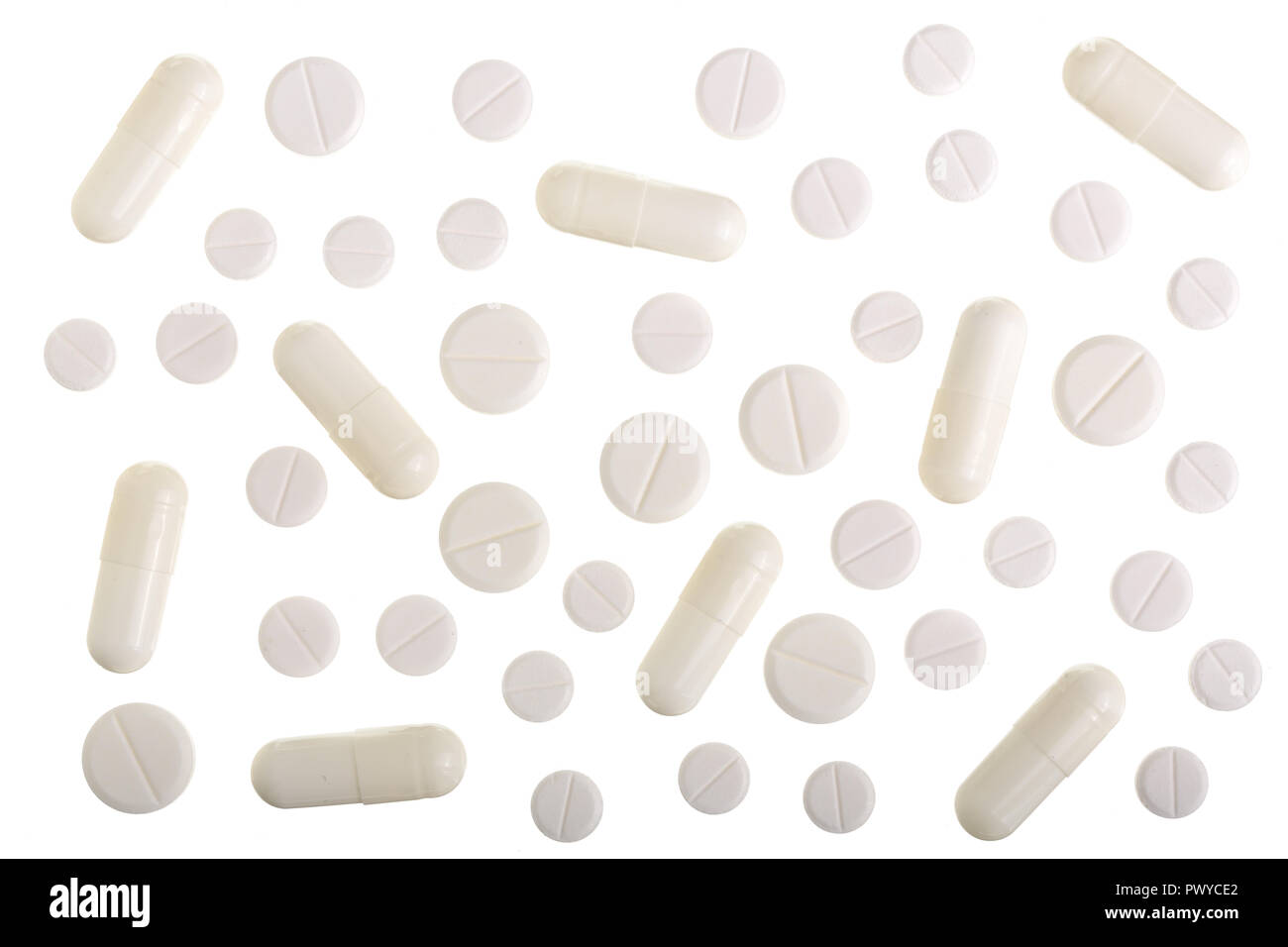 white pill capsule isolated on white background. Top view. Flat lay ...