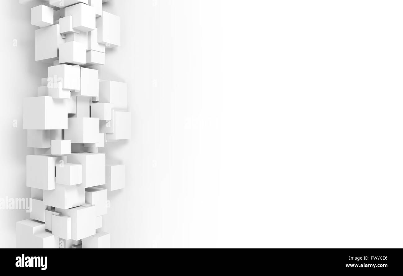 Abstract installation of random cubes structure over white background ...