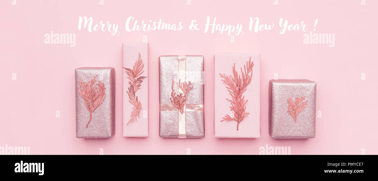 Gift wrapping banner. Pink nordic christmas gifts isolated on pastel ...