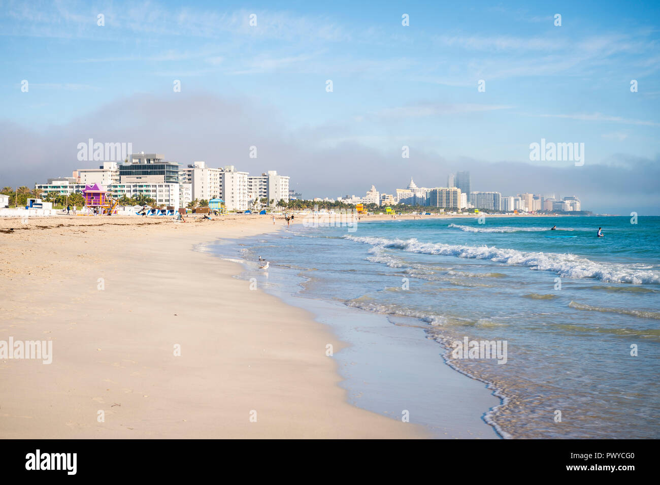 Scenic morning view of waves lapping the shore of an empty South Beach ...