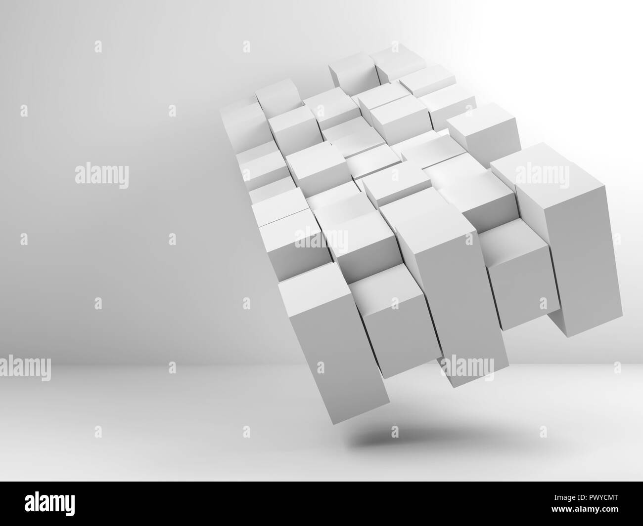 Abstract white random extruded boxes object in empty interior ...