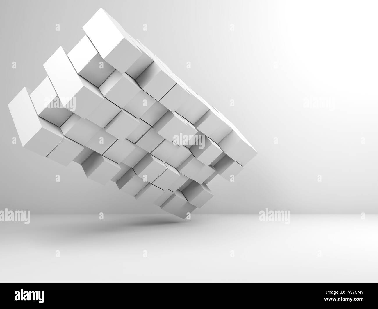 Abstract white random extruded cubes object in empty interior ...