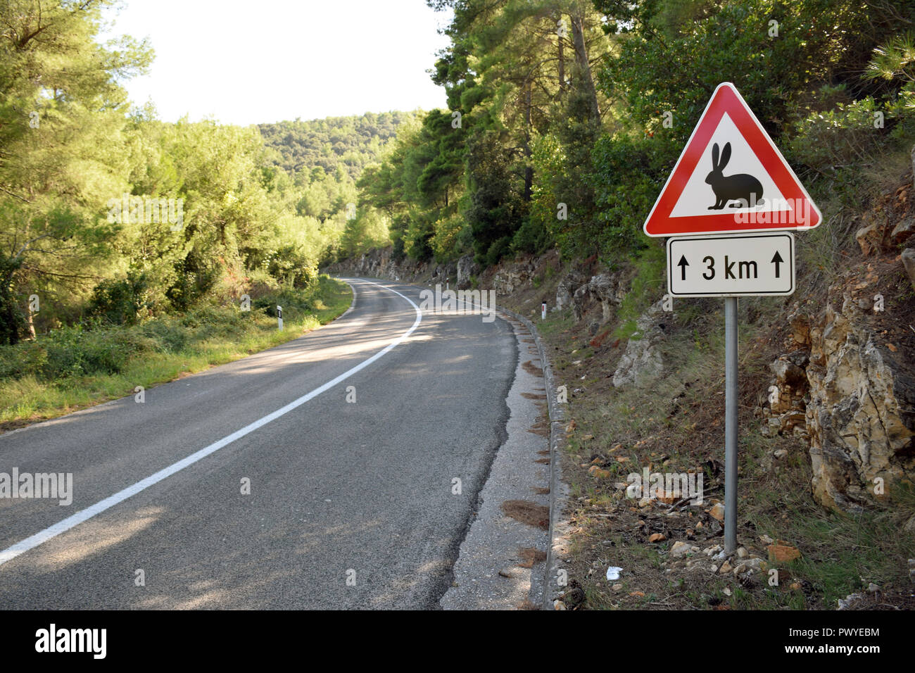 Rabbit warning road sign, Korcula island, Croatia, Sep 2018 Stock Photo ...