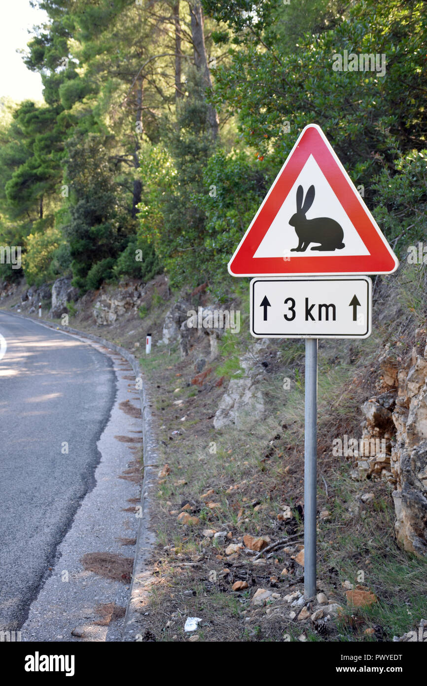 Rabbit warning road sign, Korcula island, Croatia, Sep 2018 Stock Photo ...