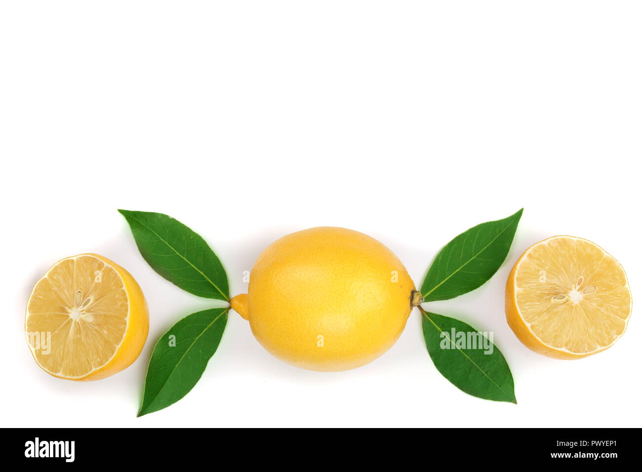 lemon with leaves and slices isolated on white background with copy ...