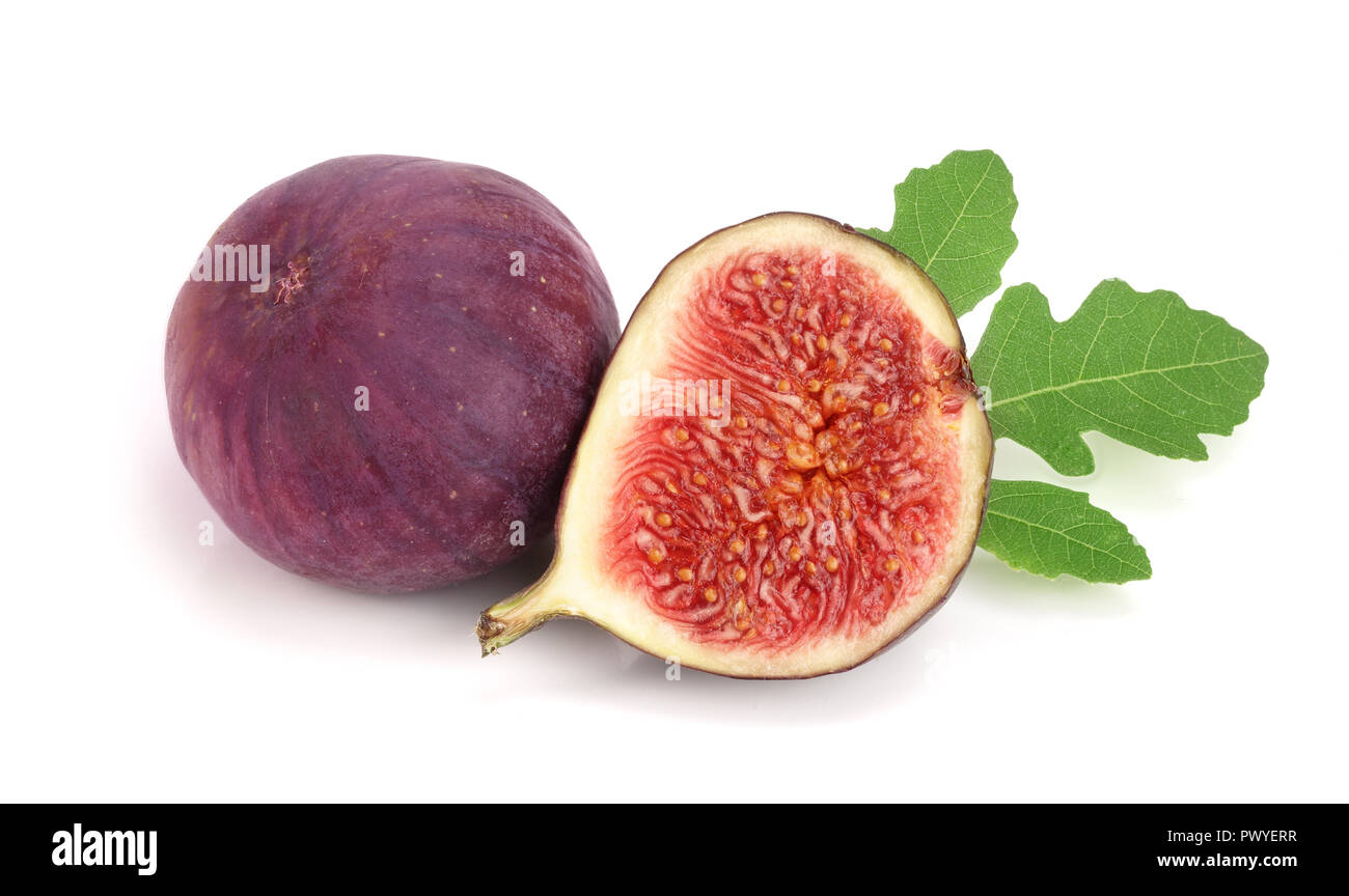 fig fruits with leaves isolated on white background Stock Photo - Alamy