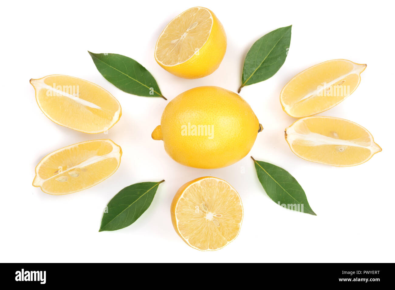 lemon and slices with leaf isolated on white background. Flat lay, top ...