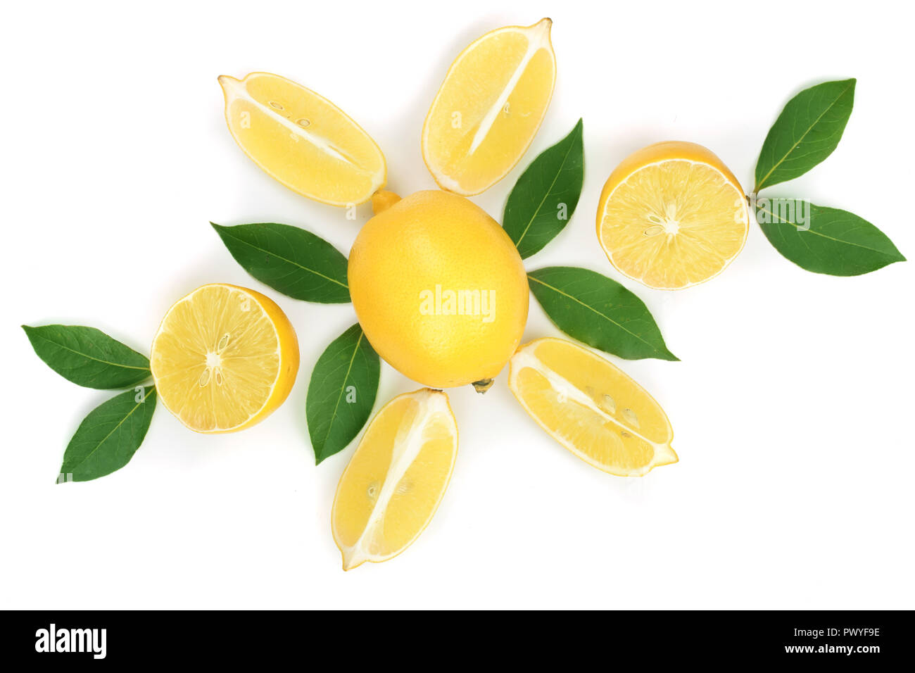 lemon and slices with leaf isolated on white background. Flat lay, top ...
