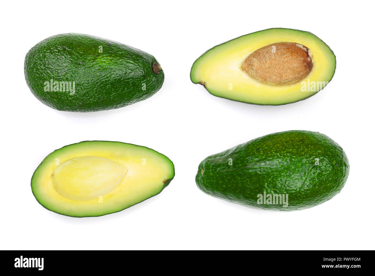 whole and half avocado isolated on white background close-up. Top view ...