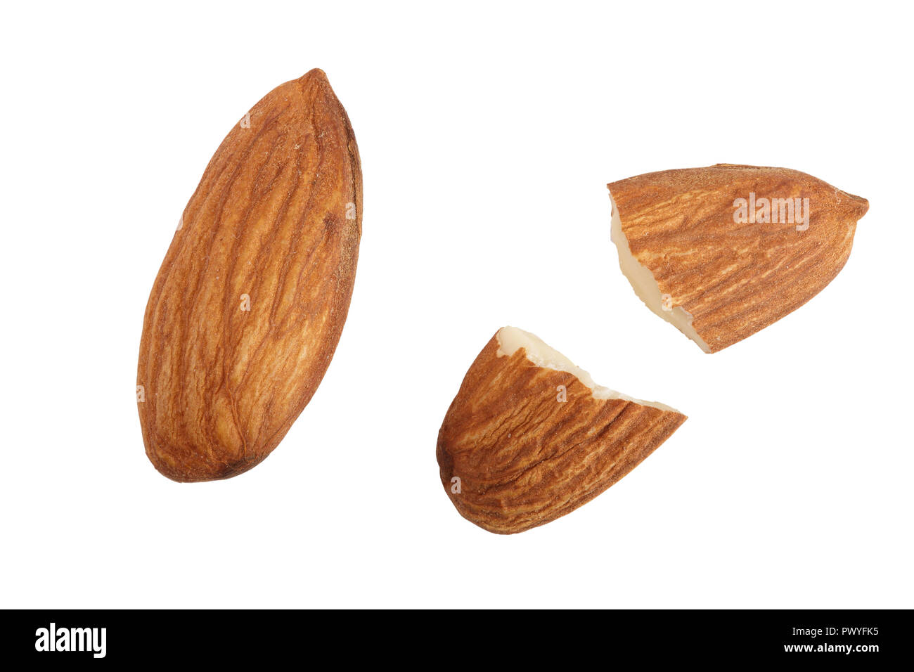 almonds isolated on white background without a shadow close up. Top ...