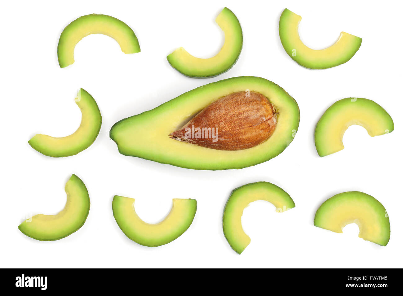 avocado slices isolated on white background. Top view. Flat lay pattern ...