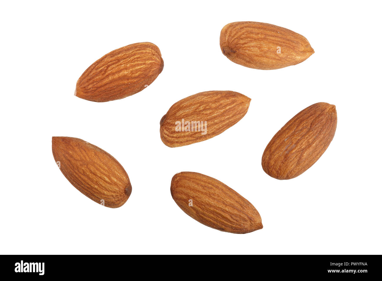 almonds isolated on white background without a shadow close up. Top ...