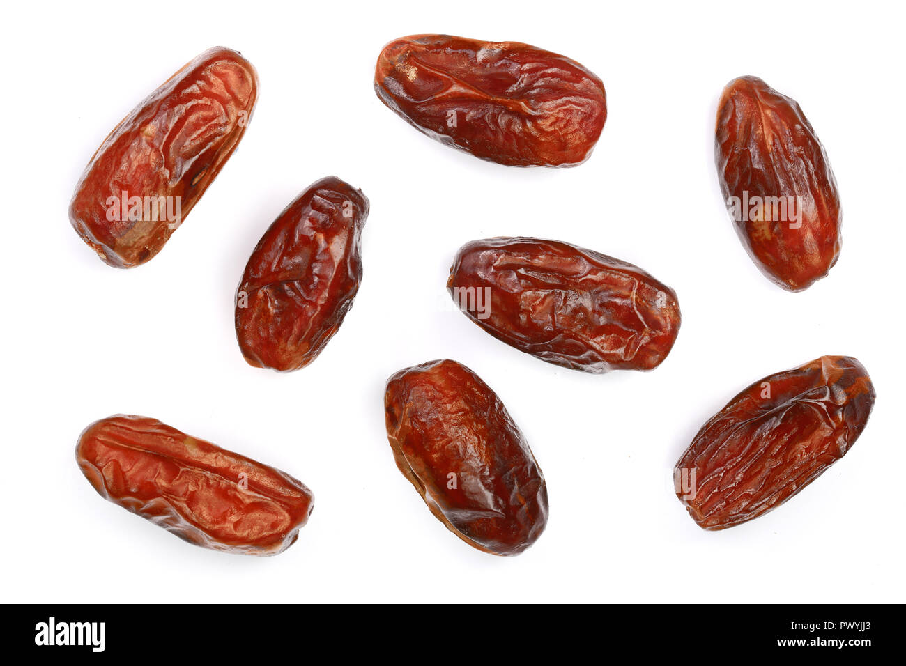 dry dates isolated on white background. Top view. Flat lay pattern ...