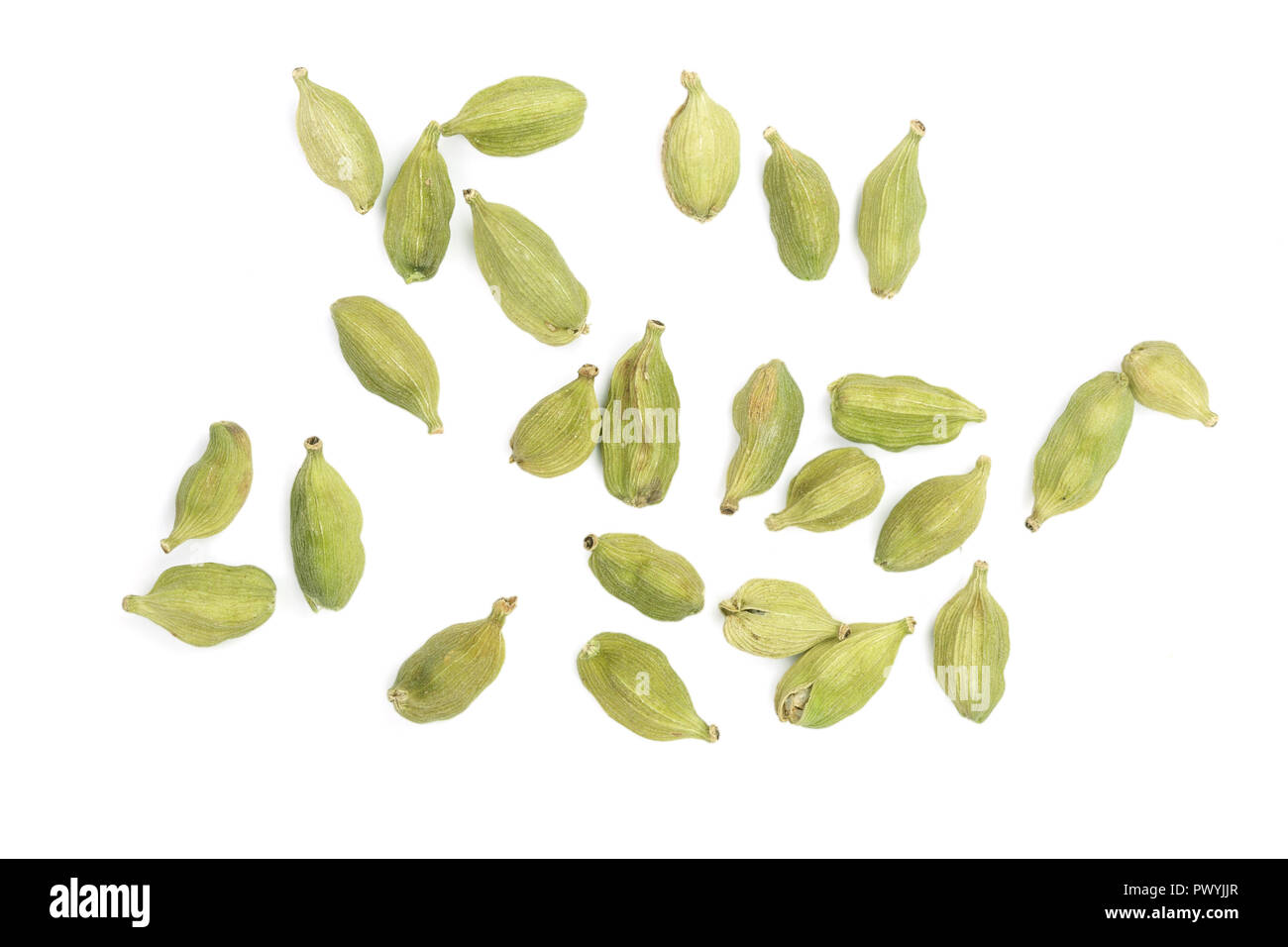 Green cardamom seeds isolated on white background. Top view. lay flat ...