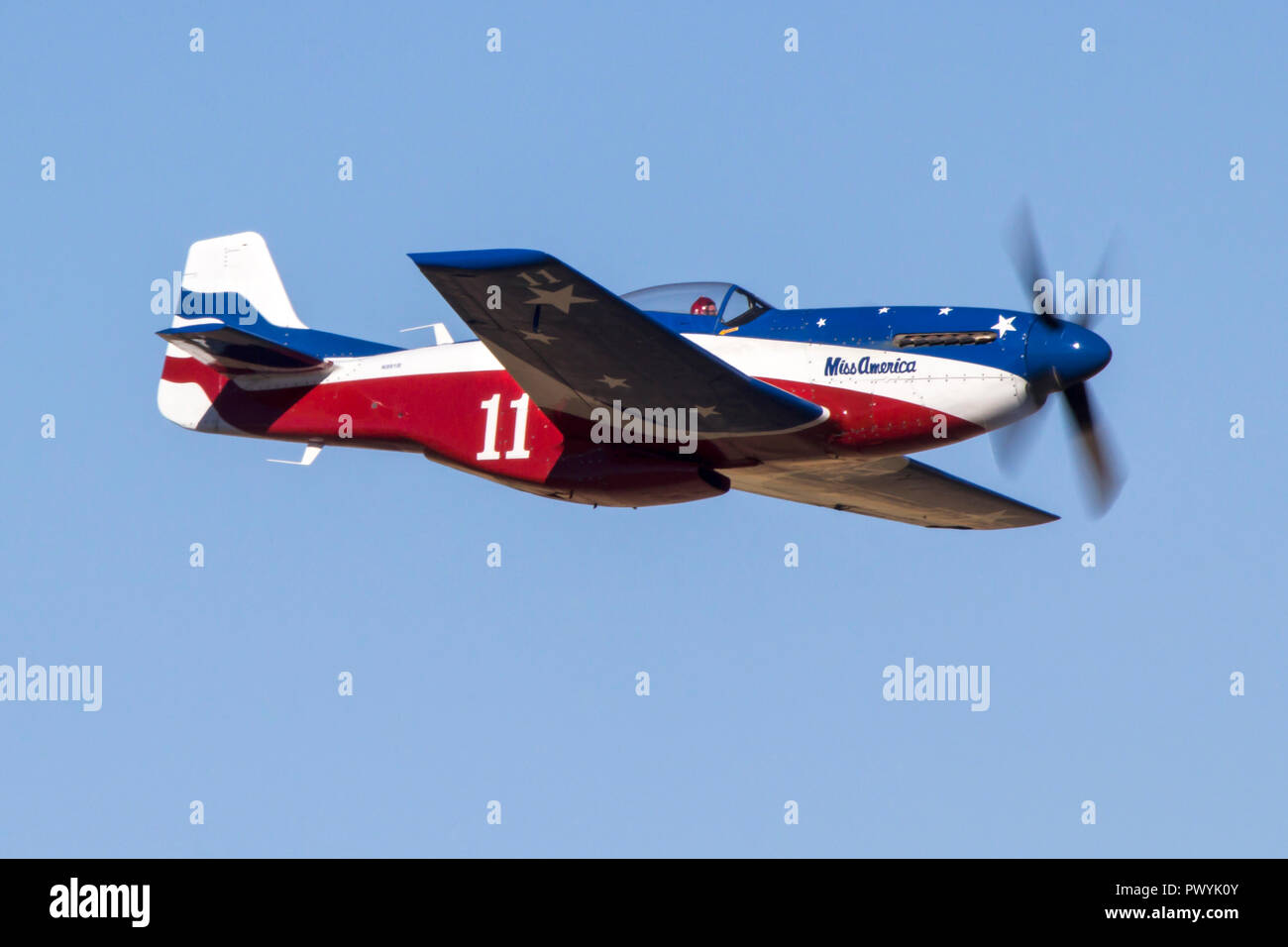 Dr. Brent Hisey pilots the P-51D Mustang "Miss American" during a 2018 ...