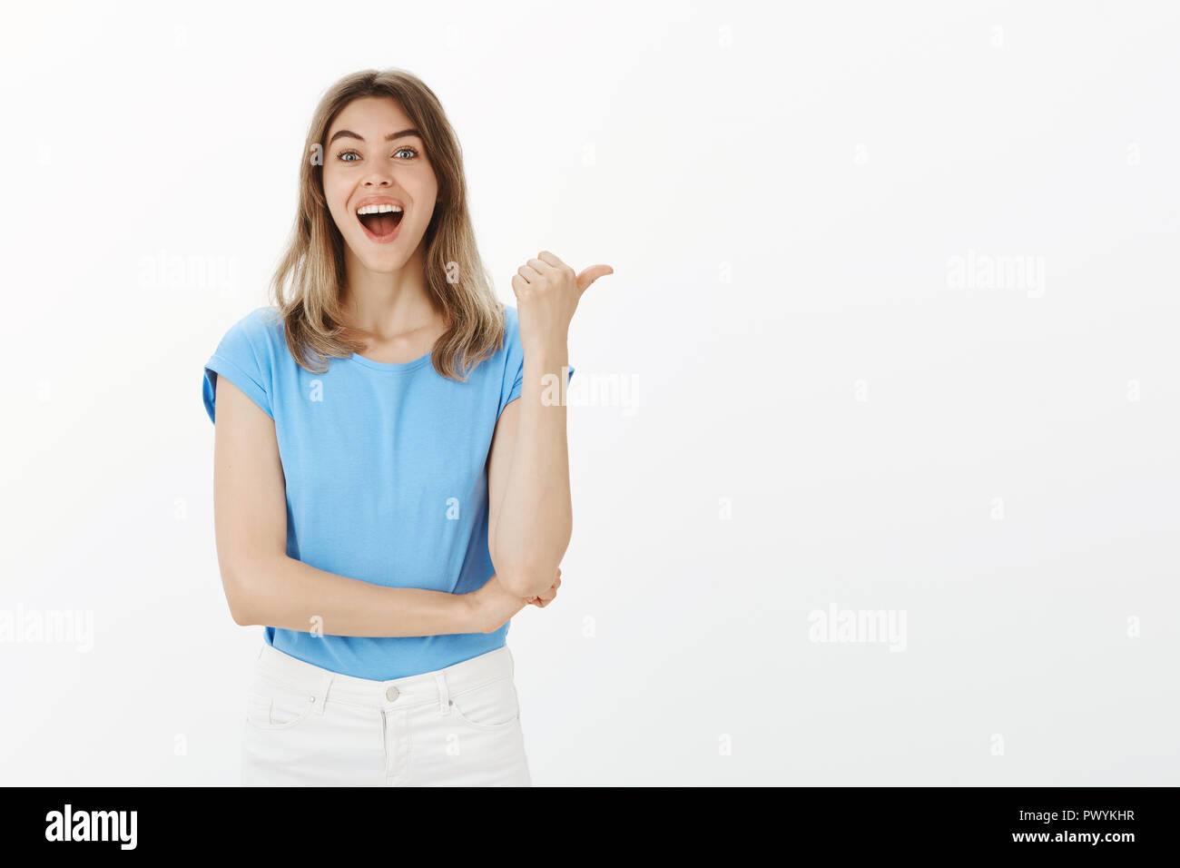 Portrait of bright good-looking european woman with fair hair, smiling ...