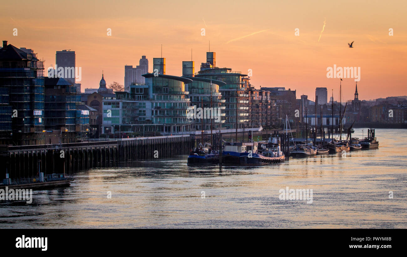 River Thames sunrise from Tower Bridge towards Wapping London with ...