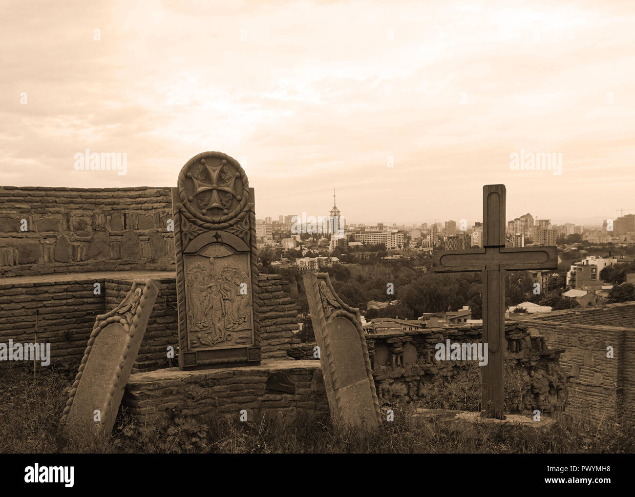 Two Georgian Crosses on Wall at Tbilisi Narikala Church Sepia Tone ...