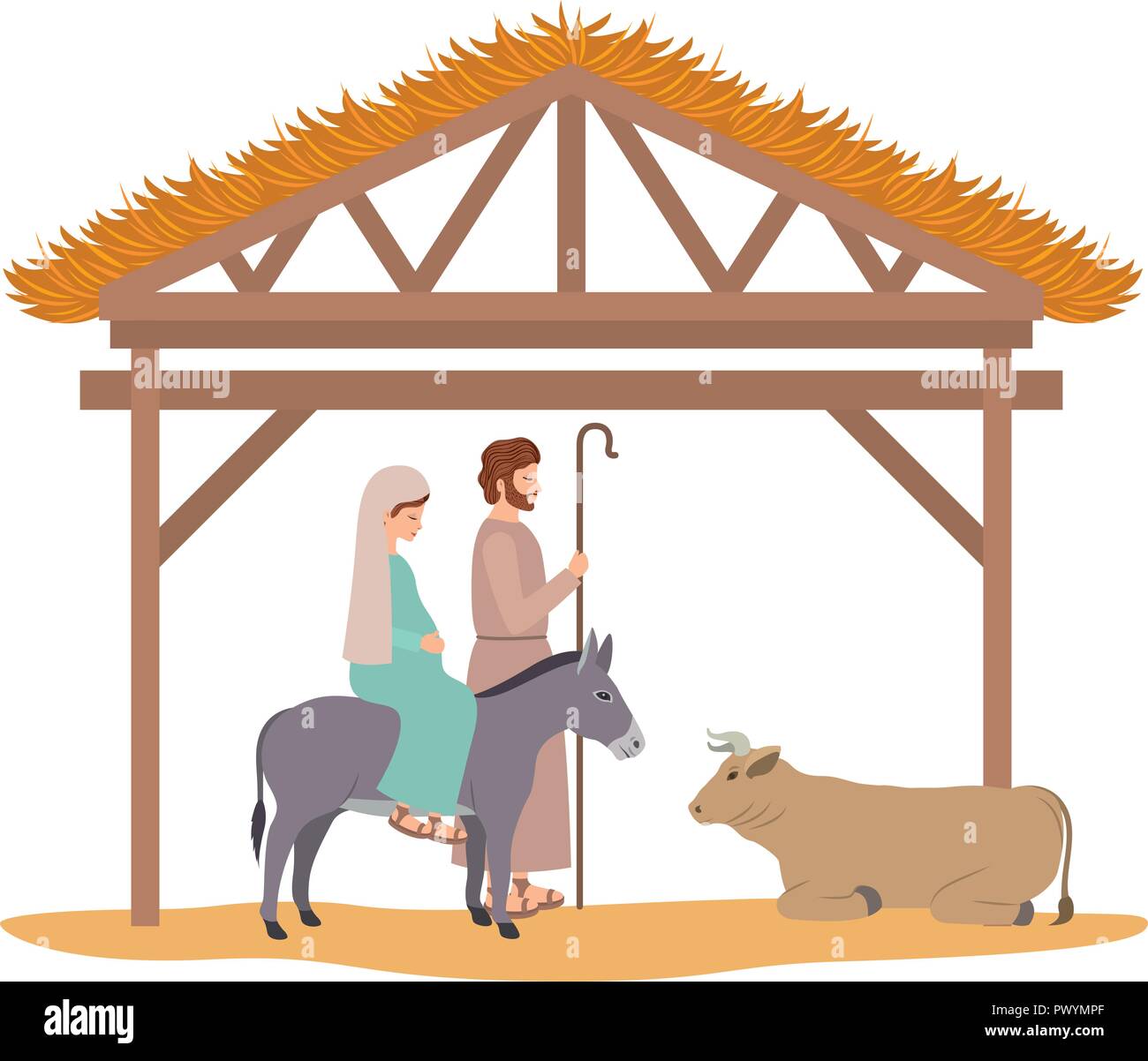 virgin mary and saint joseph in stable with animals Stock Vector Image ...