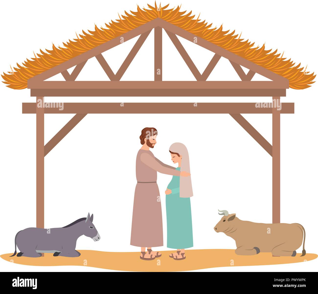 virgin mary and saint joseph in stable with animals Stock Vector Image ...