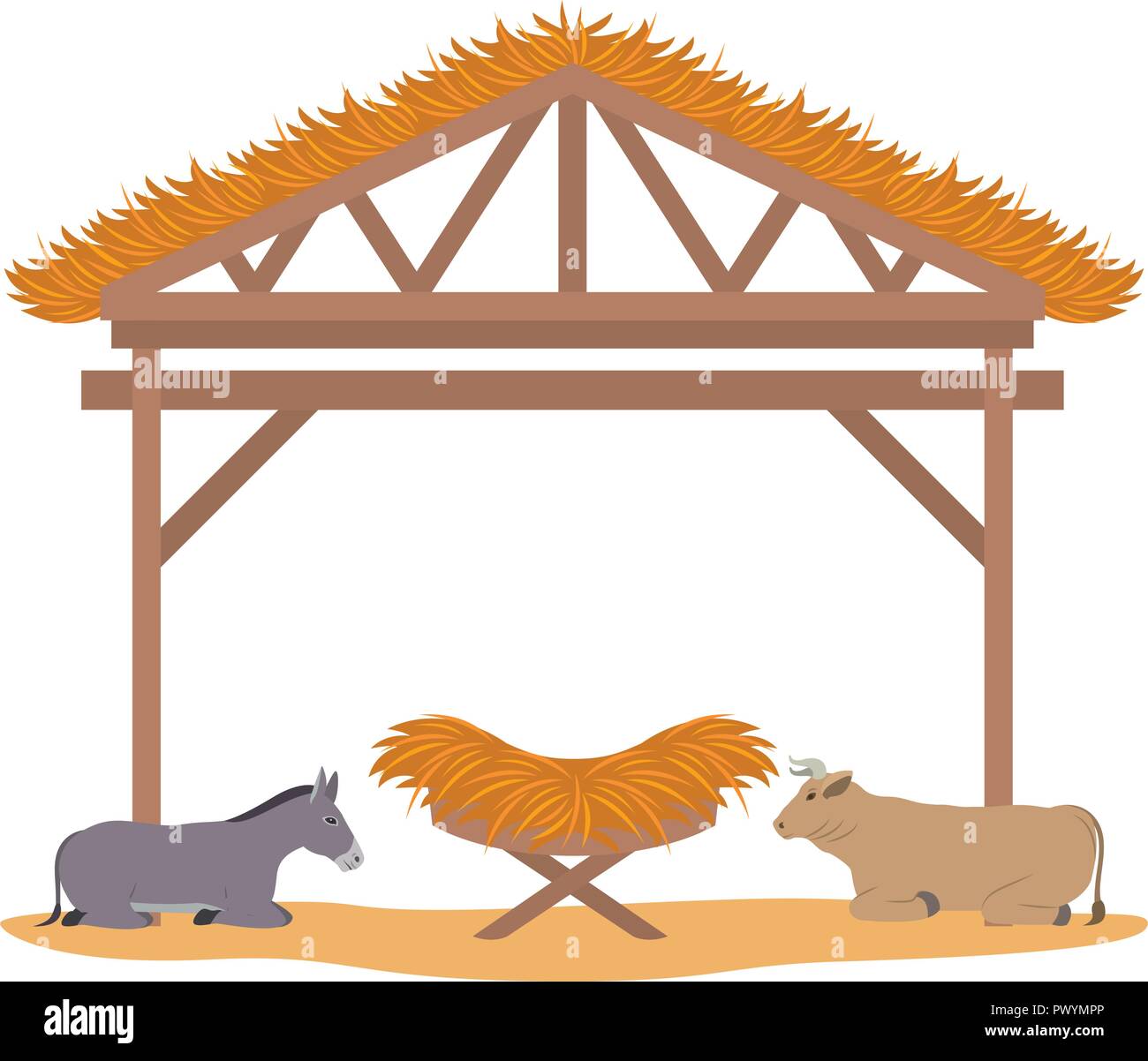 wooden stable manger with cradle and animals Stock Vector Image & Art ...