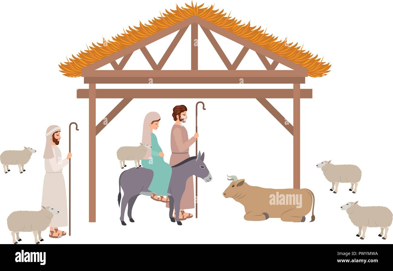 virgin mary and saint joseph in stable with animals Stock Vector Image ...