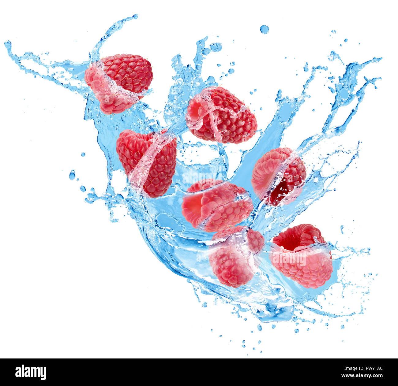 raspberries in water splash on a white background Stock Photo - Alamy