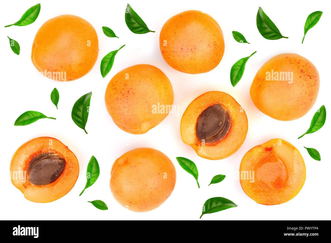 Apricot fruits with leaves isolated on white background. Top view. Flat ...