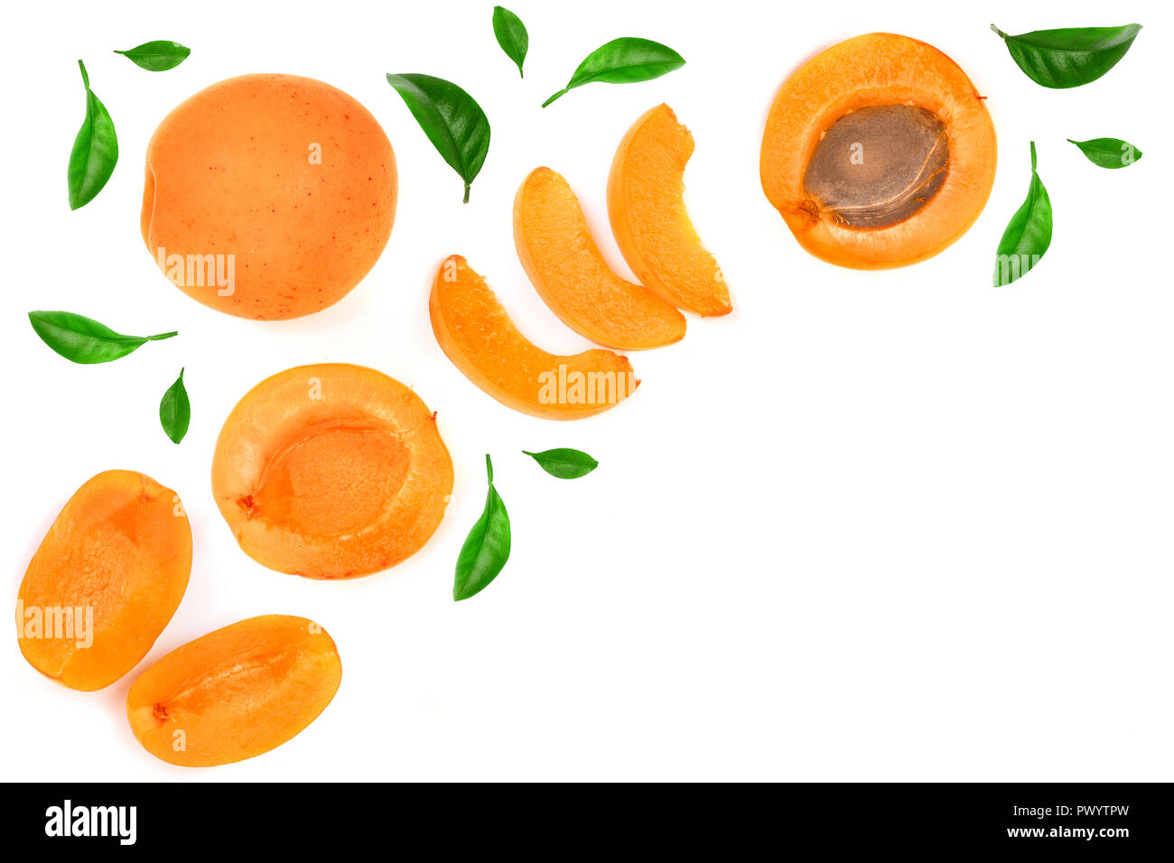 Apricot fruits with leaves isolated on white background. Top view. Flat ...
