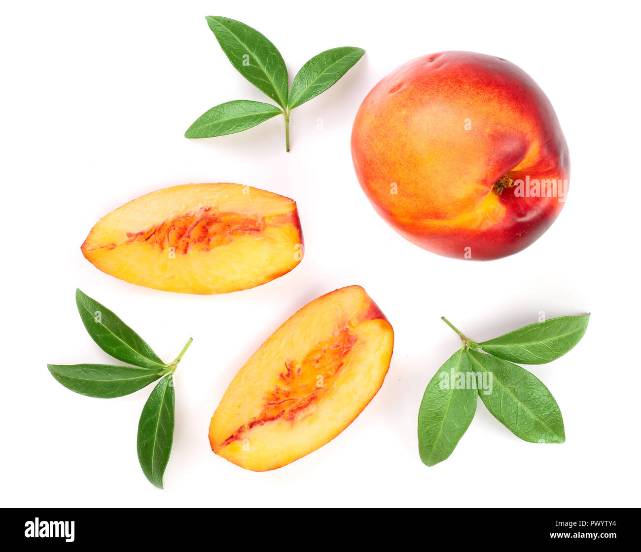 ripe nectarine with leaves isolated on white background. Top view. Flat ...