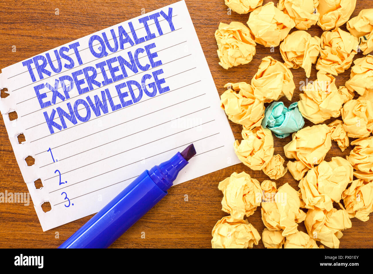 Conceptual hand writing showing Trust Quality Experience Knowledge ...