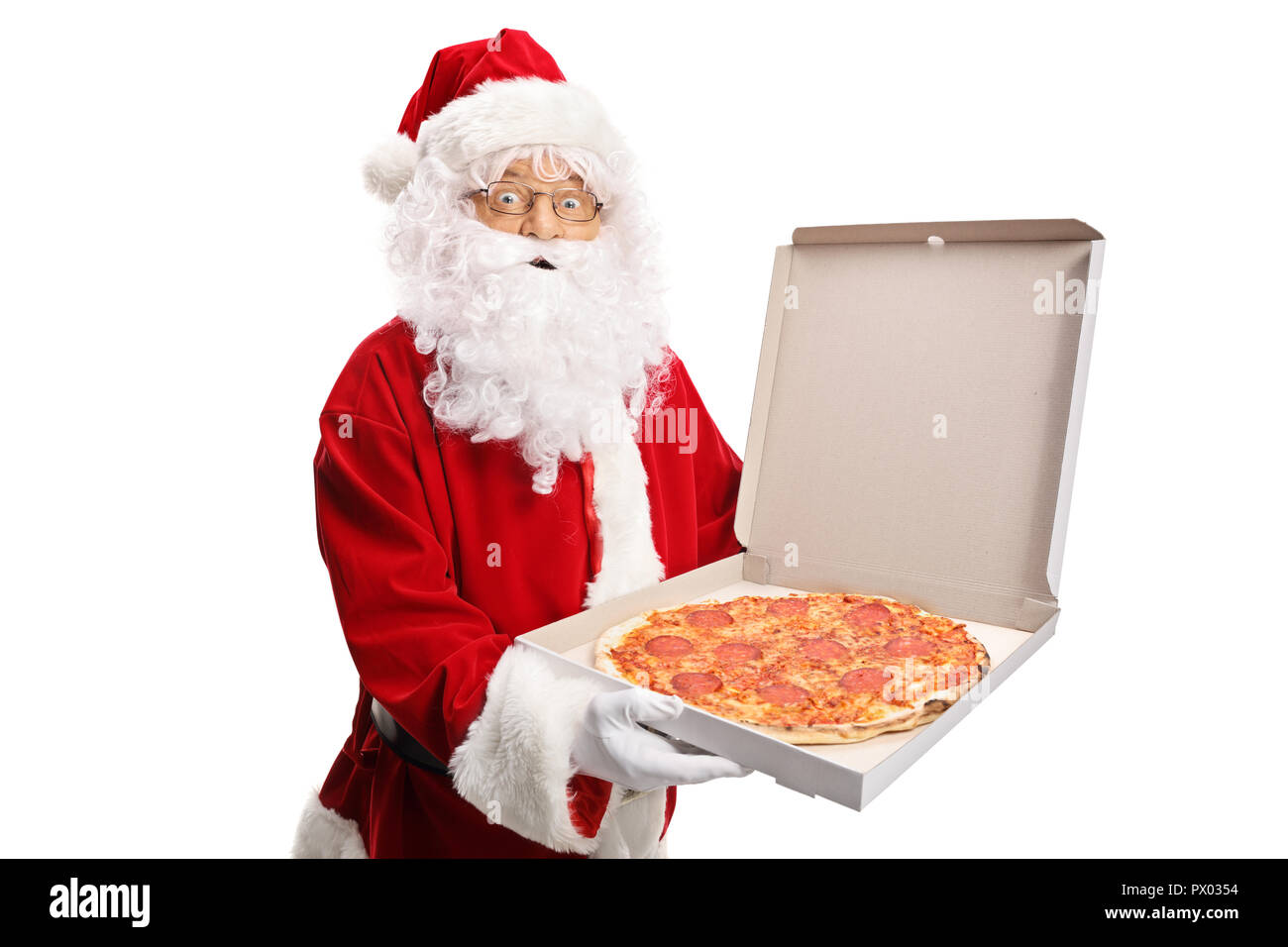 Santa Claus holding a pizza box isolated on white background Stock ...