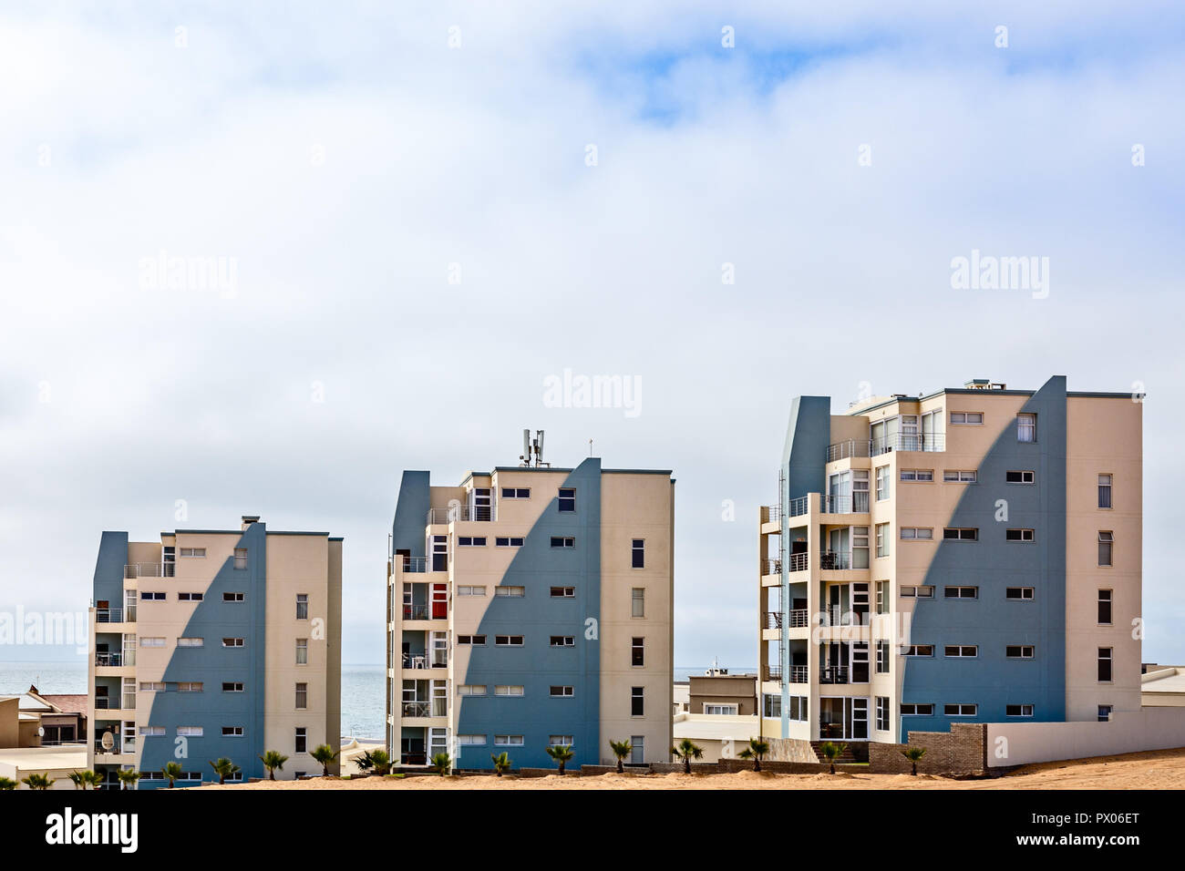 Modern touristic buildings of Dolfynstrand resort at the seaside, close ...