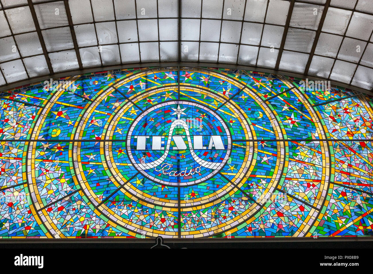 Tesla radio art nouveau stained glass advertisement in Pasáž Světozor ...