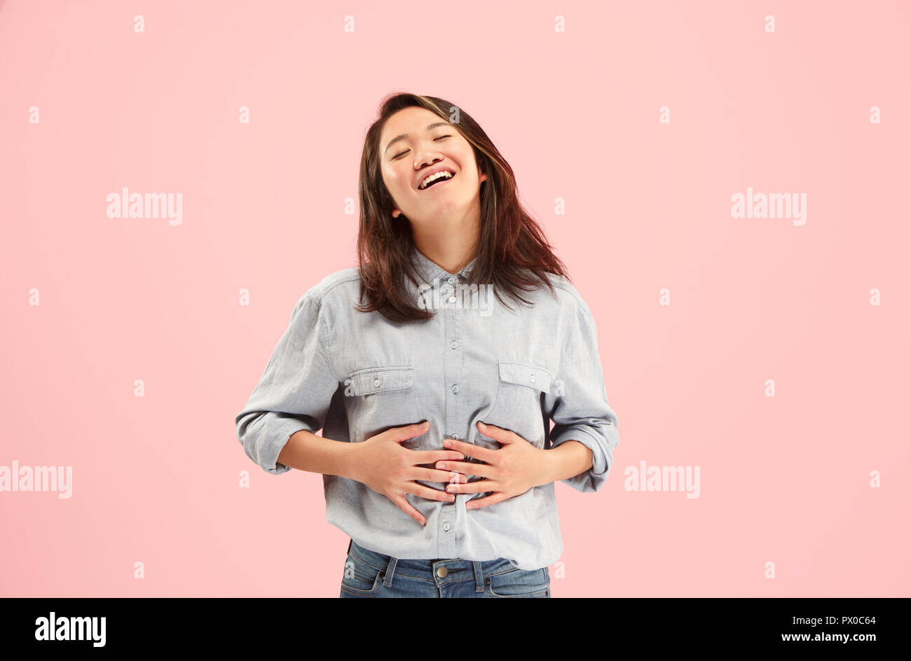 Delight. Beautiful female half-length front portrait isolated on pink ...