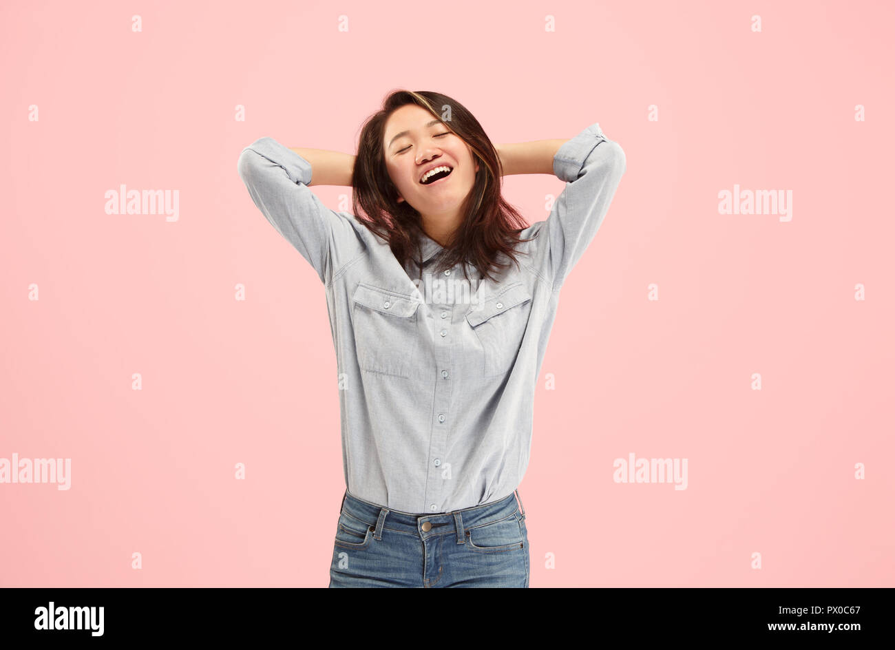 Delight. Beautiful female half-length front portrait isolated on pink ...