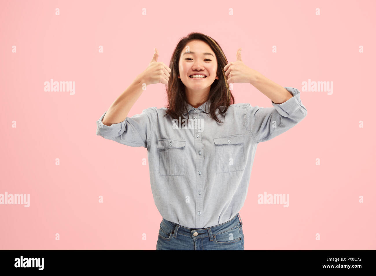 I am ok. Happy business woman, sign ok, smiling, isolated on trendy ...