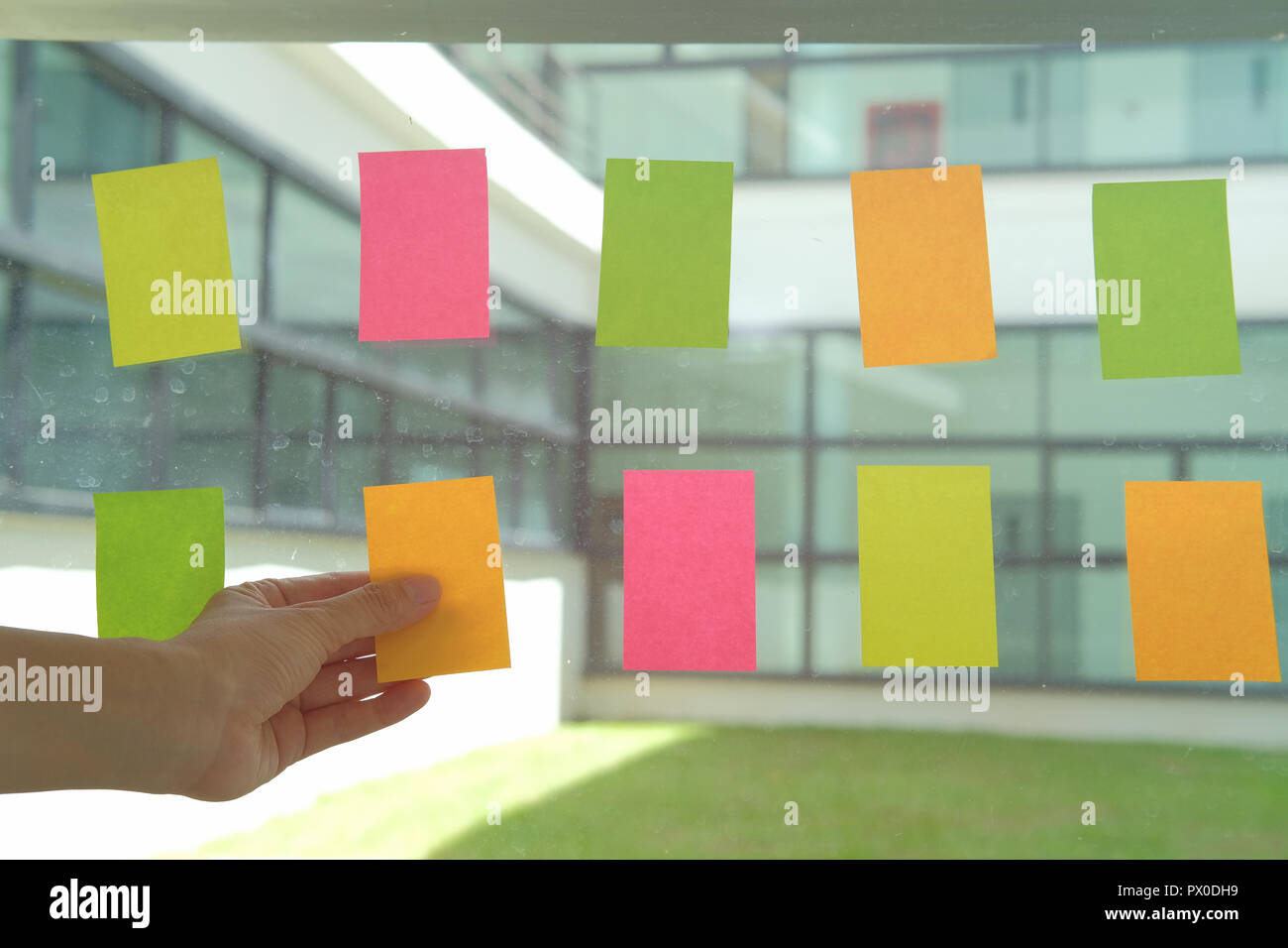 hand hold adhesive notes on glass wall at workplace. Sticky note paper ...