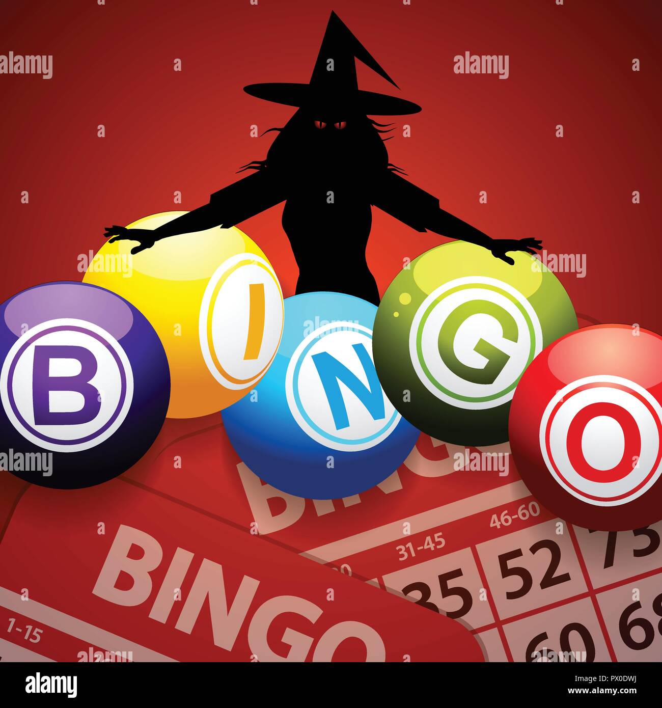 Bingo Halloween Red Background with Black Silhouette of a Creepy Witch ...