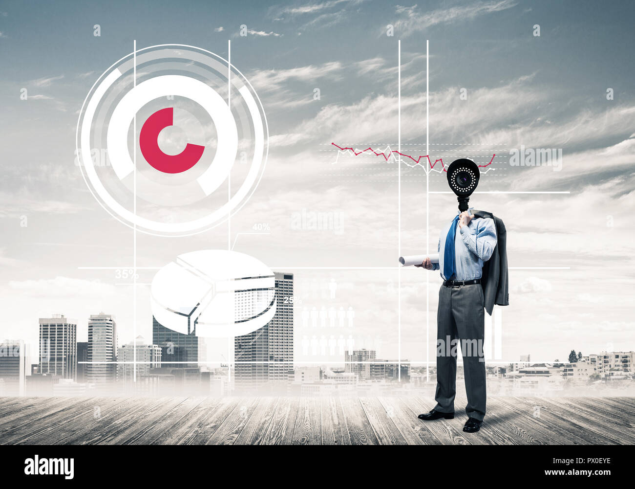 Camera headed man standing on wooden floor against modern citysc Stock ...