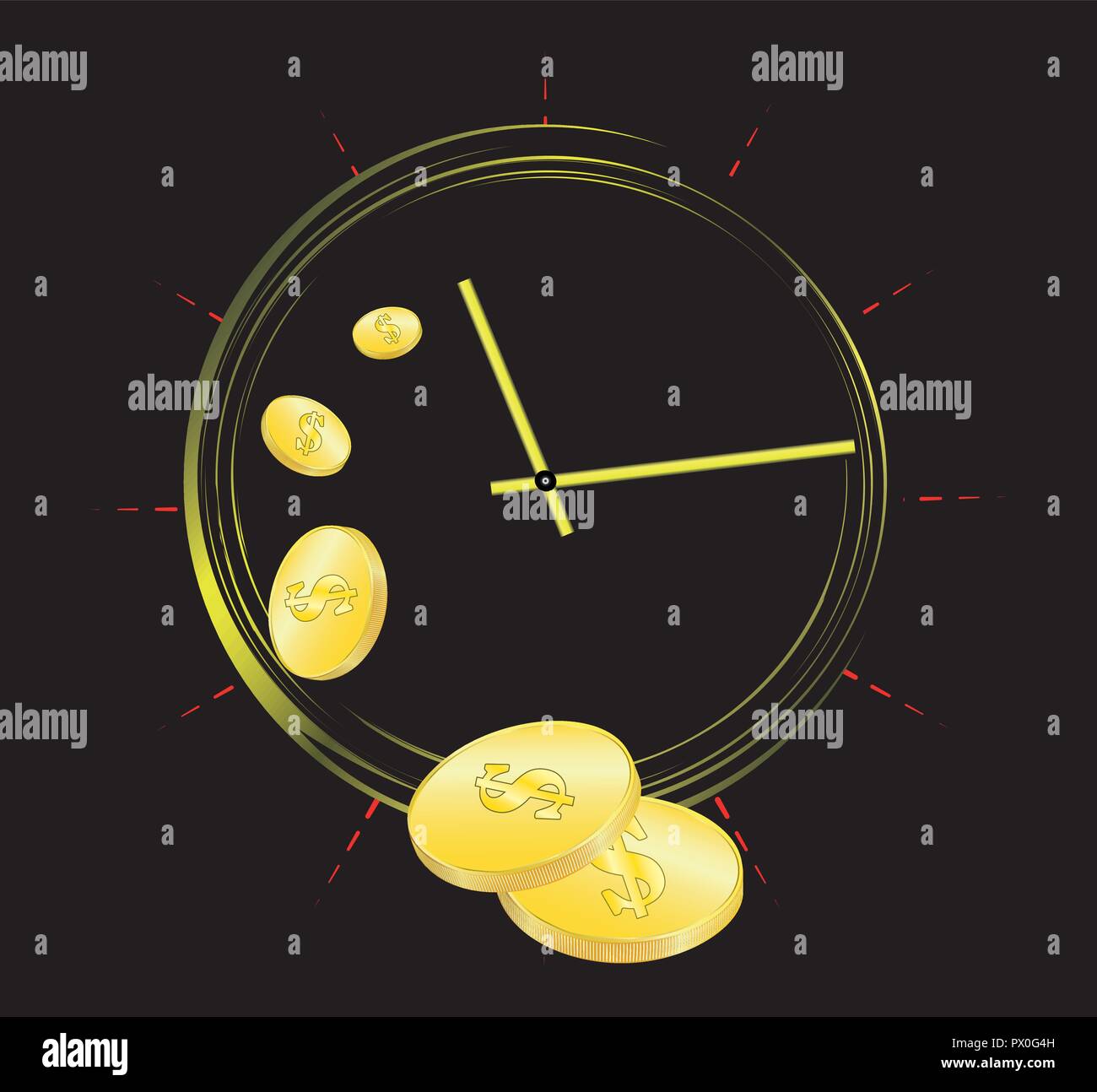 Poster time is money. Clock with hands. Coins, dollar . Business ...