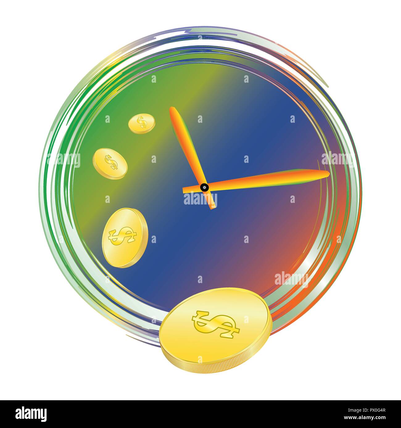 Poster Time is money. Clock with hands. Coins, dollar . Business ...