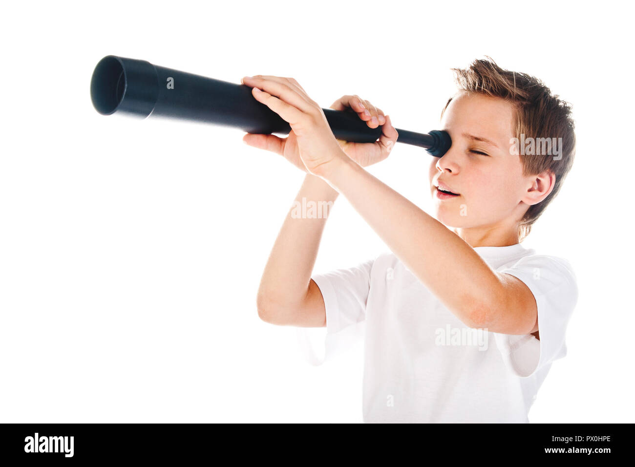 little boy with telescope isolated on a white background Stock Photo ...