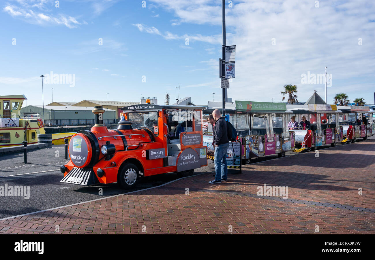 Poole tourist train in Poole Harbour, Dorset, UK on 18 October 2018 ...