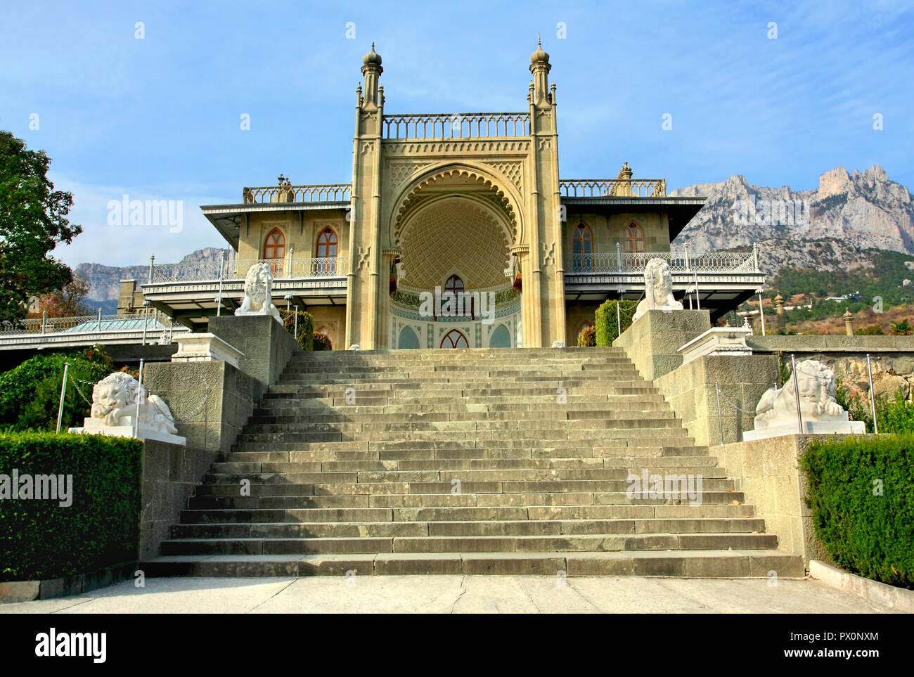 Grand staircase of the neo-Moorish palace with white marble lions Stock ...