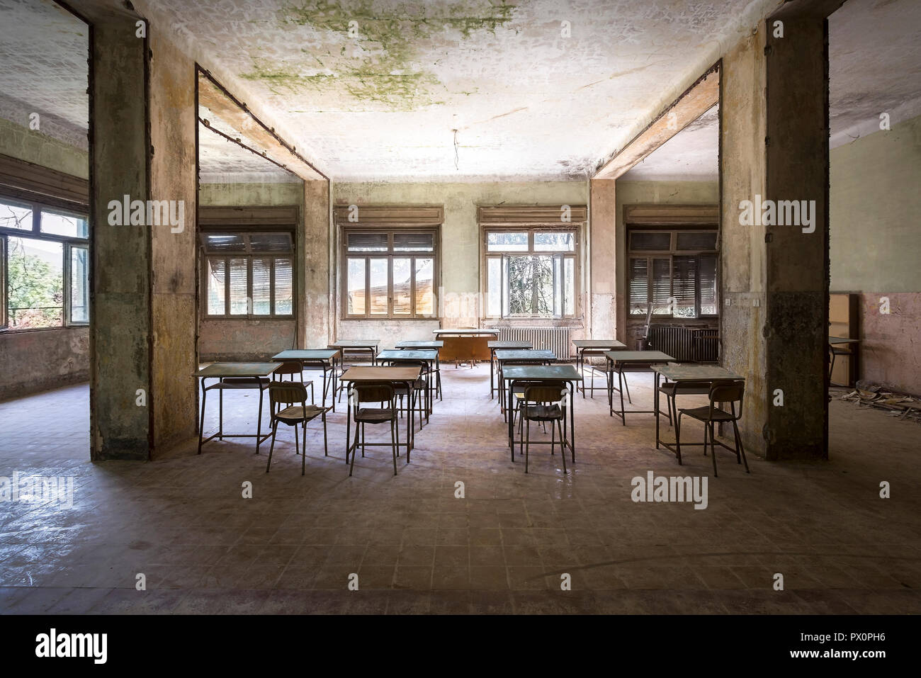 Interior view of an abandoned classroom in a school in Switzerland ...