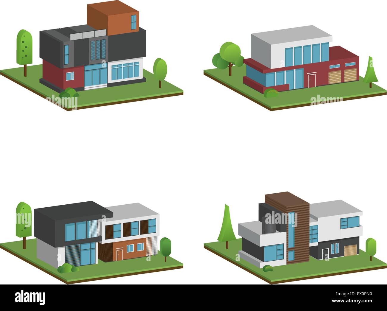Set of isometric four houses and modern houses design, 3D modern ...