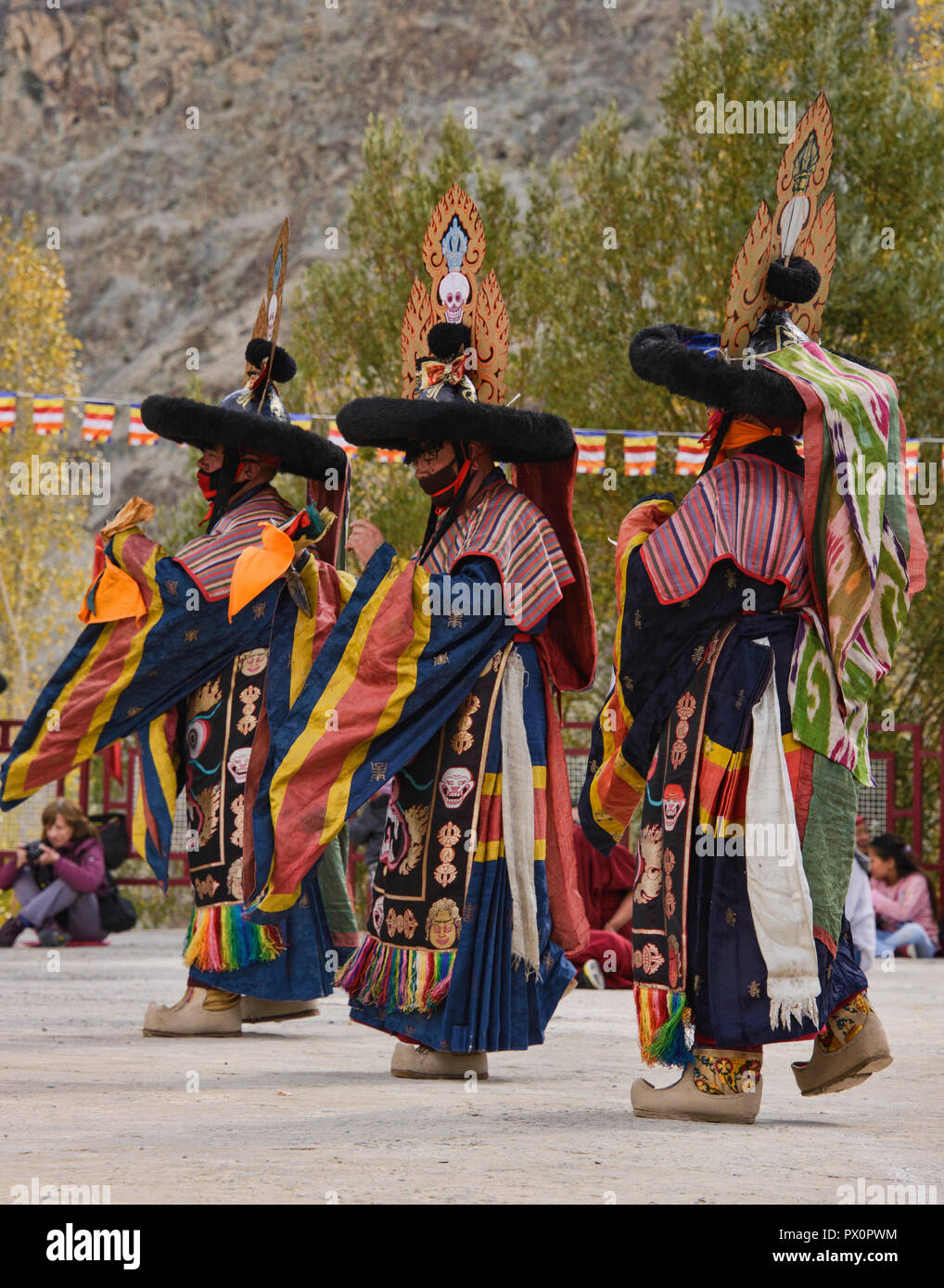 Gelugpa monks dancing at the Diskit Monastery's Gustor Festival, Nubra ...