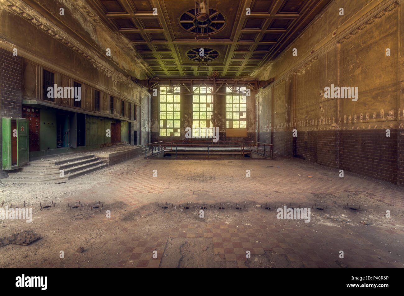 Interior view of a huge hall in an abandoned factory in Germany Stock ...